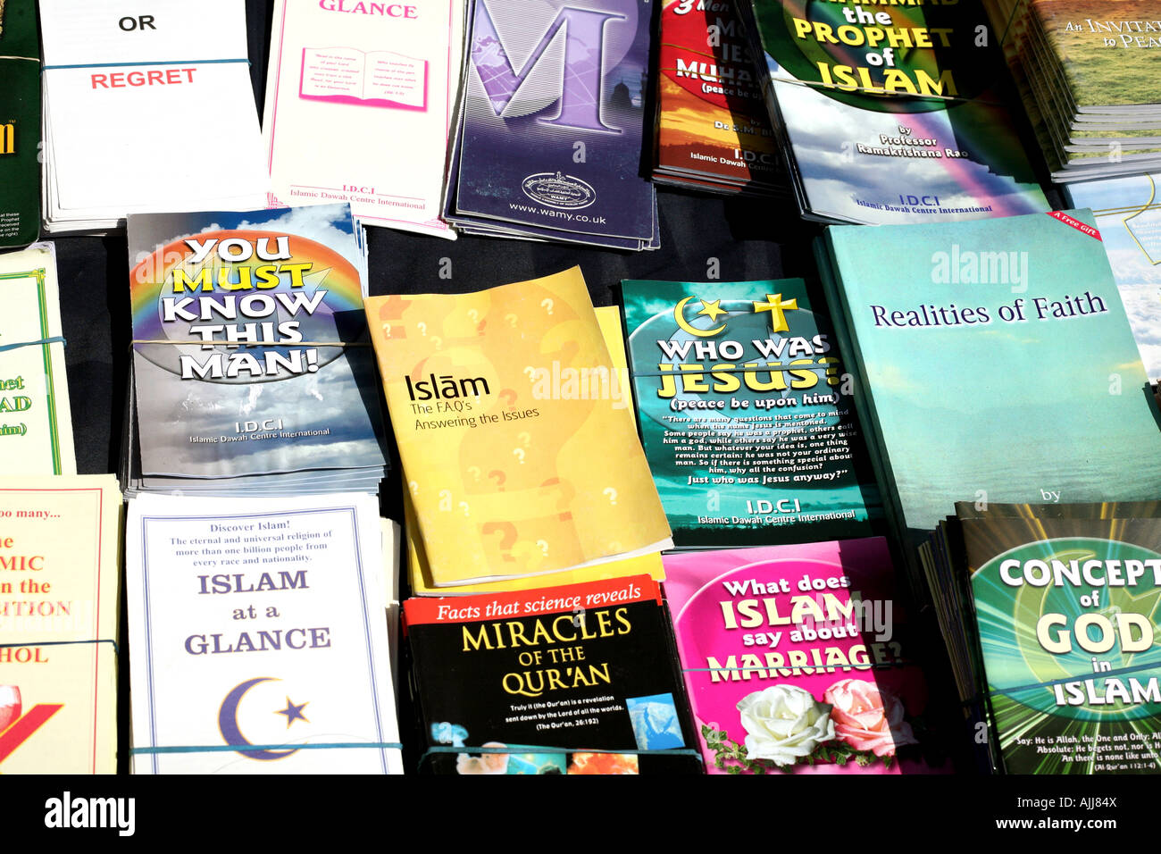 Pamphlets about Islam on stall in Brick Lane street market East London ...