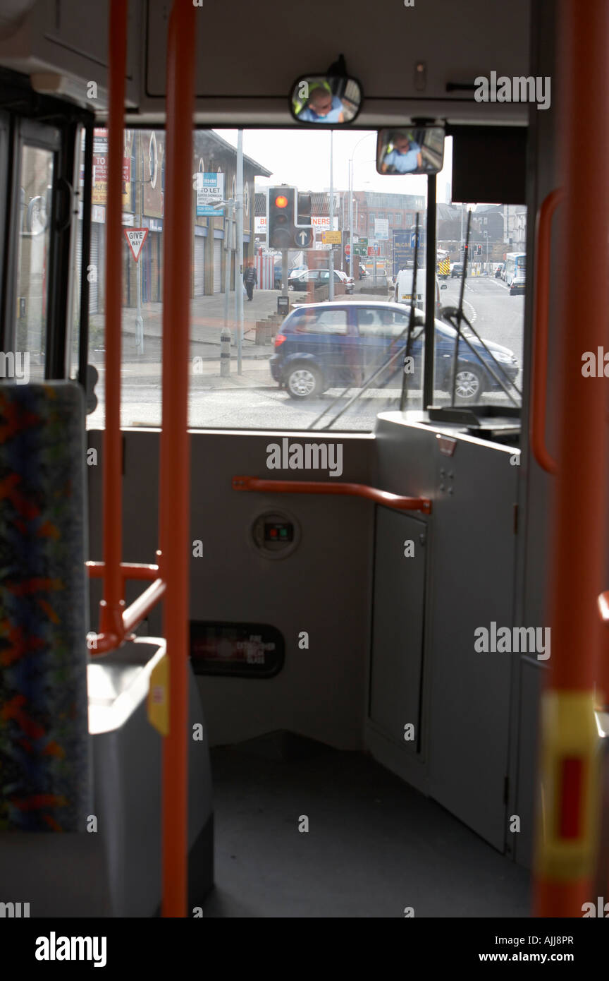 looking along a park and ride bus aisle out the front window towards ...