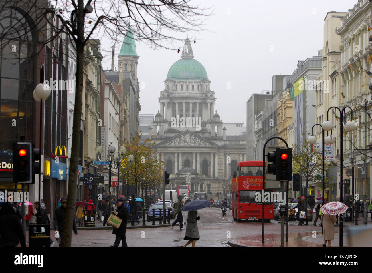 Looking down a wet and wintry Donegall Place towards Belfast City Hall ...