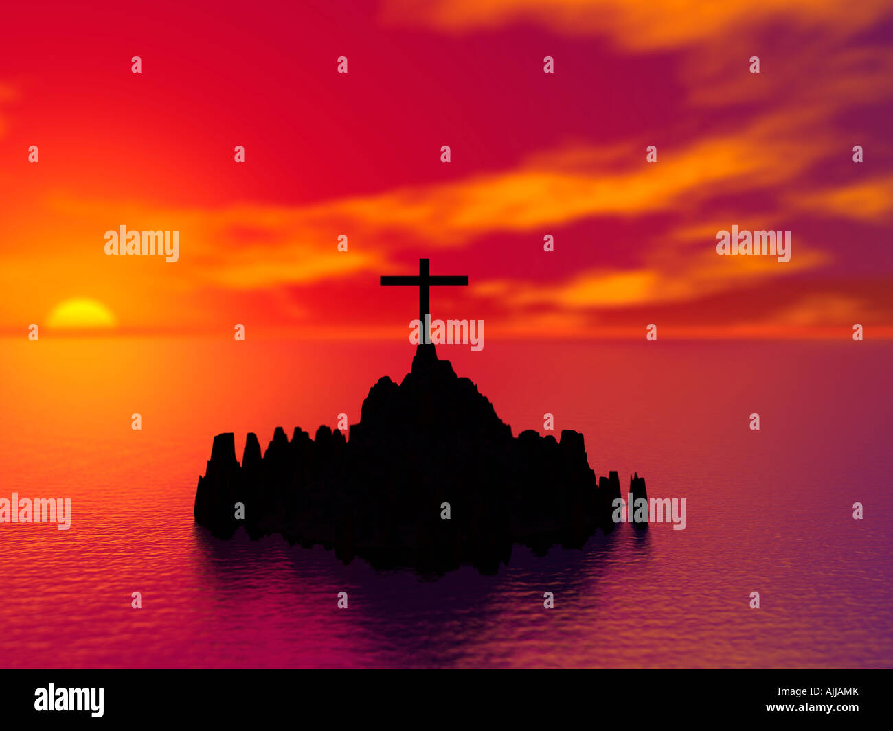 Sunset on a cross on rocks in the middle of a lake Stock Photo - Alamy