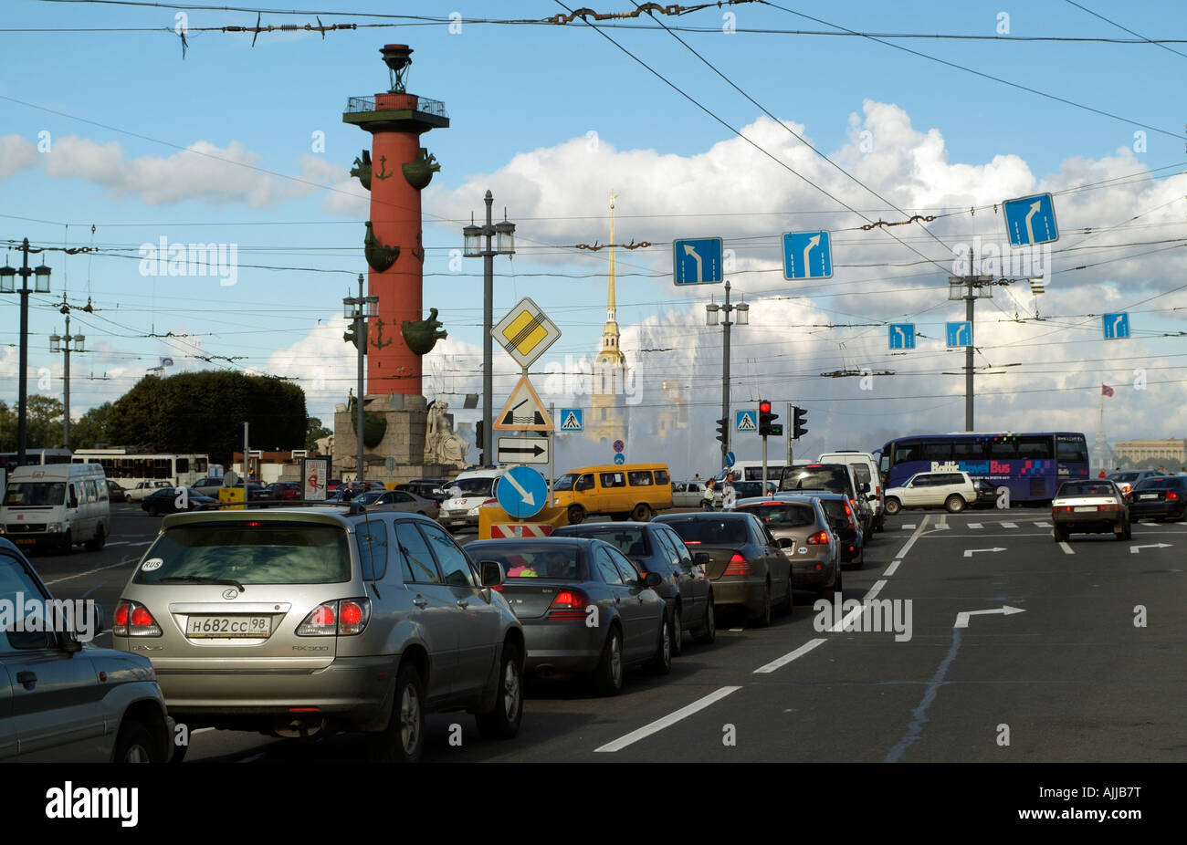 Traffic Flow in St Petersburg Russia Rostral Column a Former Lighthouse ...