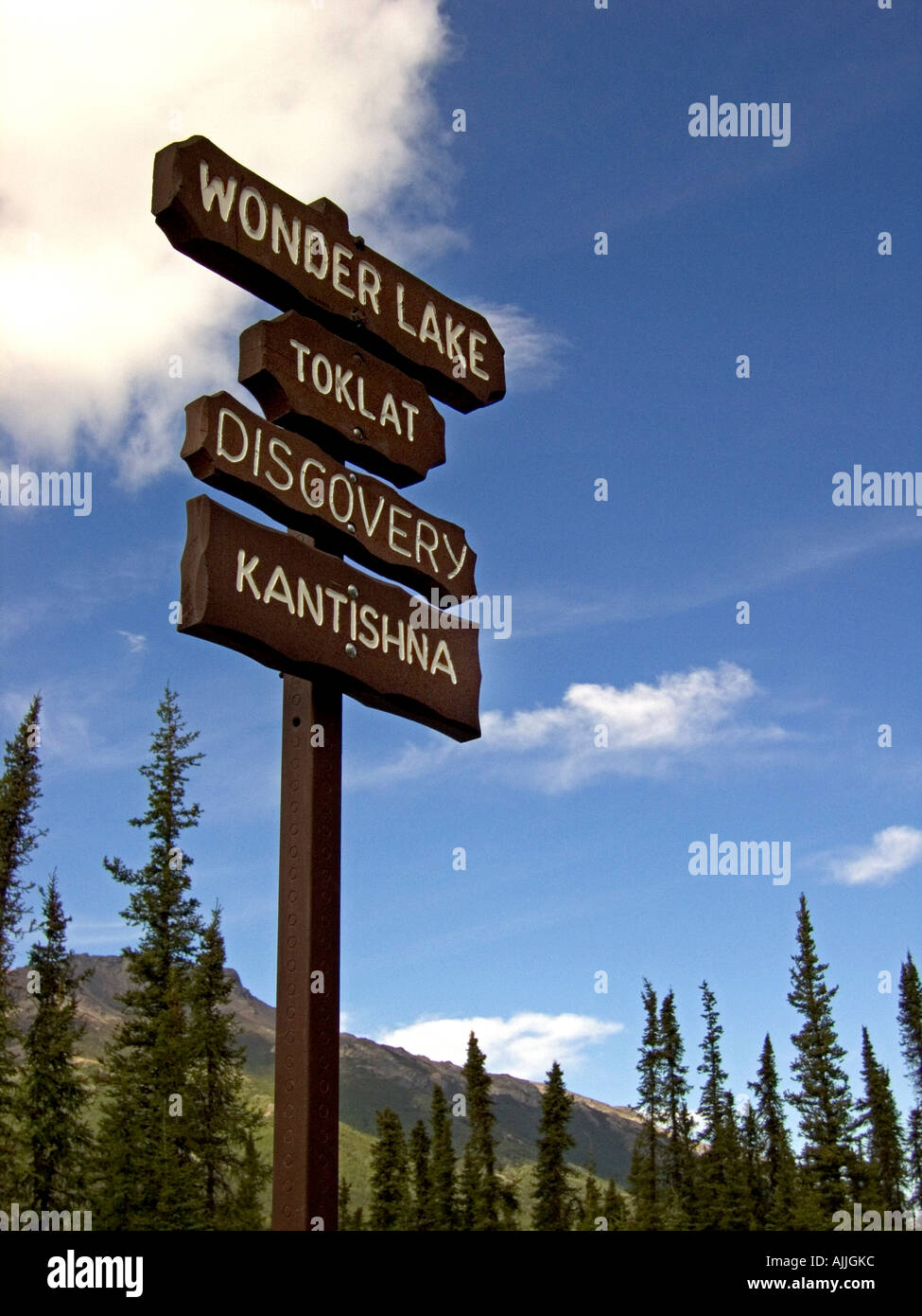 Road sign in Denali National Park pointing to various destinations ...