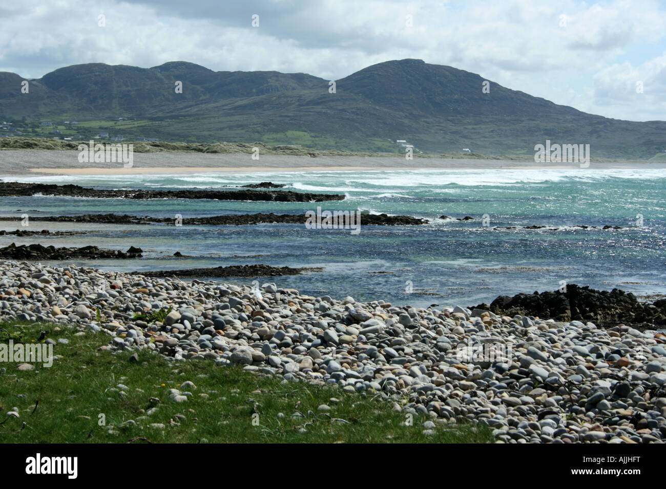 Pollan beach with Ballyliffen at the end, the Atlantic, Isle of Doagh ...