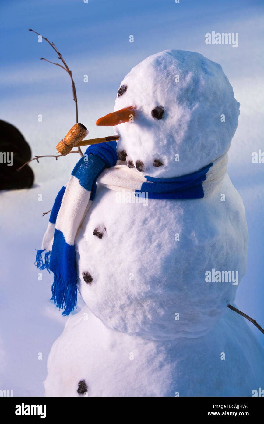Snowman in forest making snow angel imprint in snow in late afternoon ...