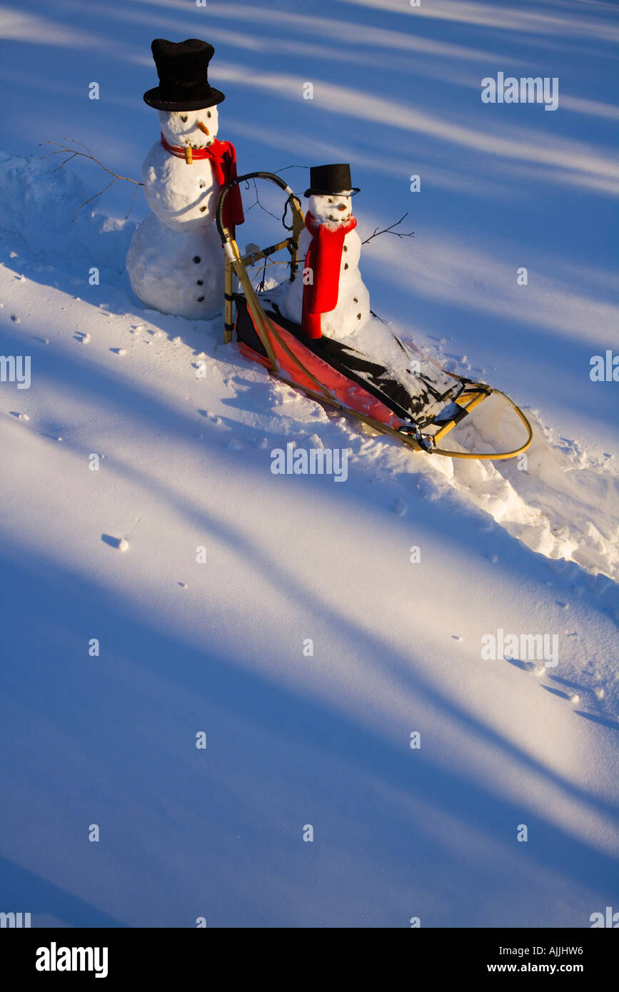 Large small snowman ride on dog sled in deep snow in afternoon Interior ...