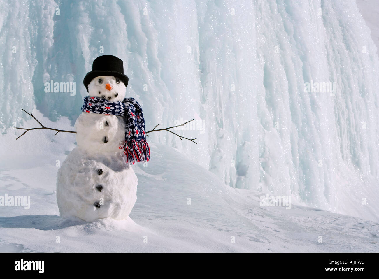 Snowman in front of frozen waterfall along Parks Highway Interior ...