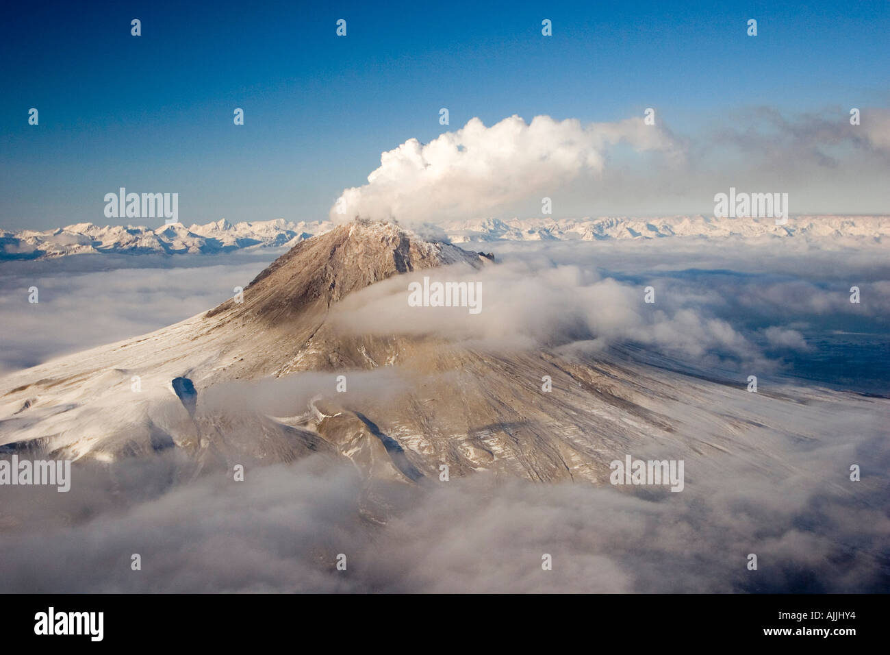 Aerial of Augustine Volcano steaming in Cook Inlet Southwest Alaska ...