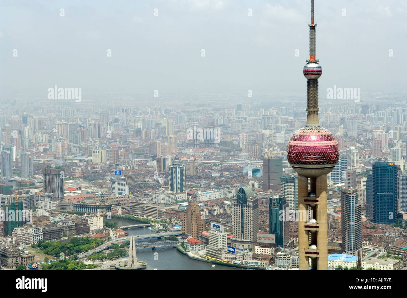 Oriental Pearl TV Tower in Pudong New Area and Puxi Area Skyline with Huangpu River in Shanghai ...