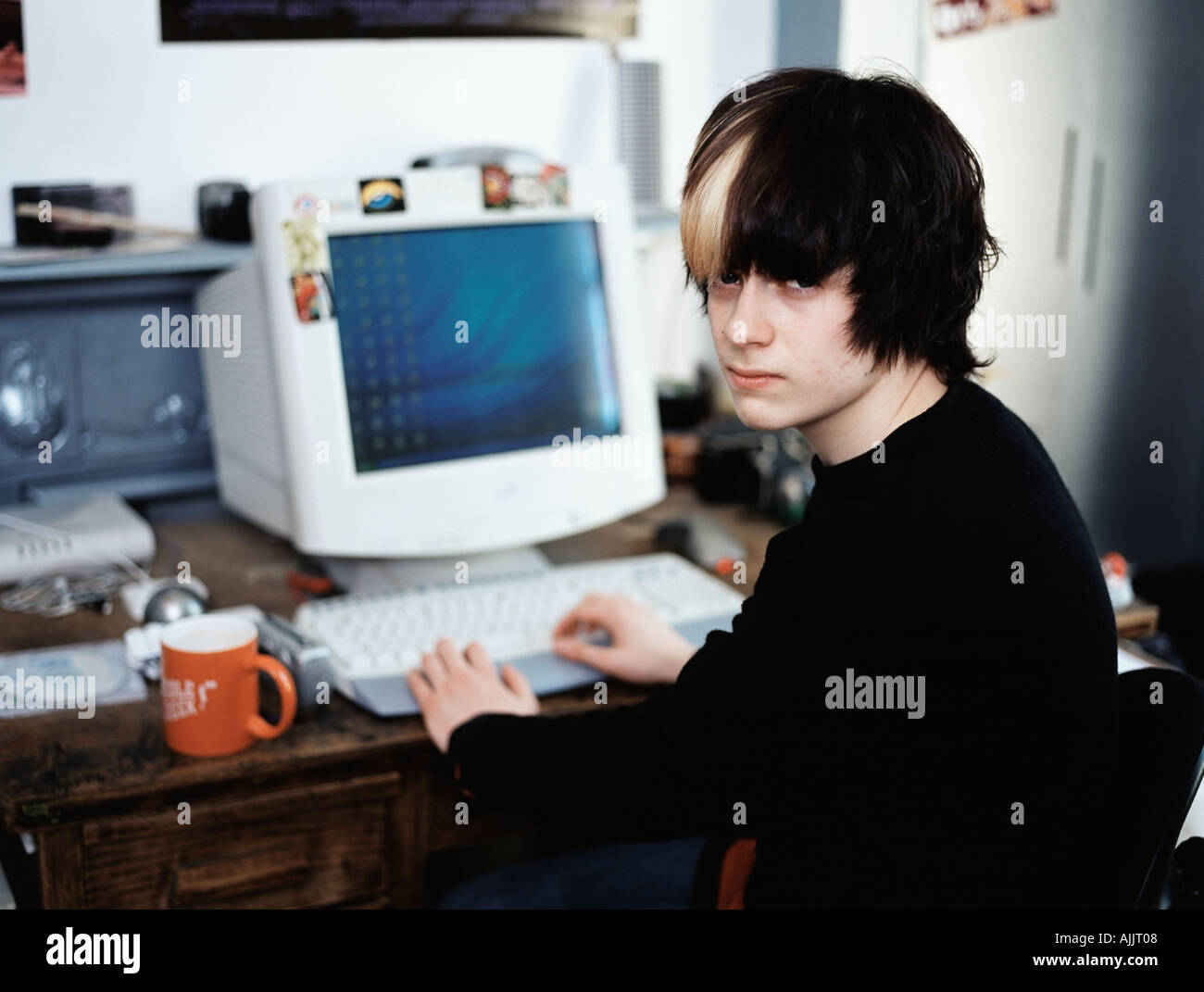 Teenage boy using personal computer Stock Photo - Alamy