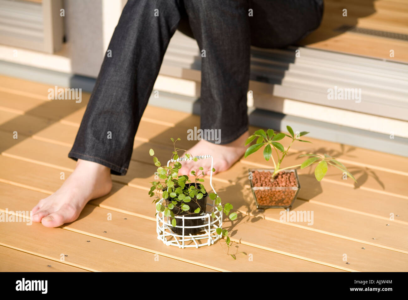 Potted plants beside young woman's feet Stock Photo - Alamy