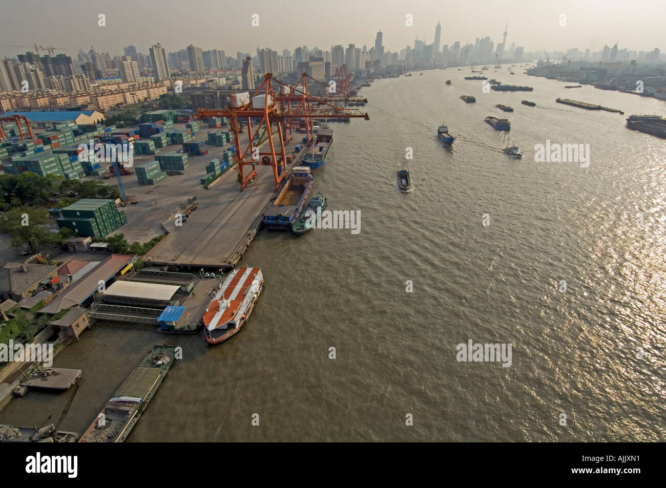 Ship Docked at Terminal Overhead view from Yangpu Bridge of cargo ship ...