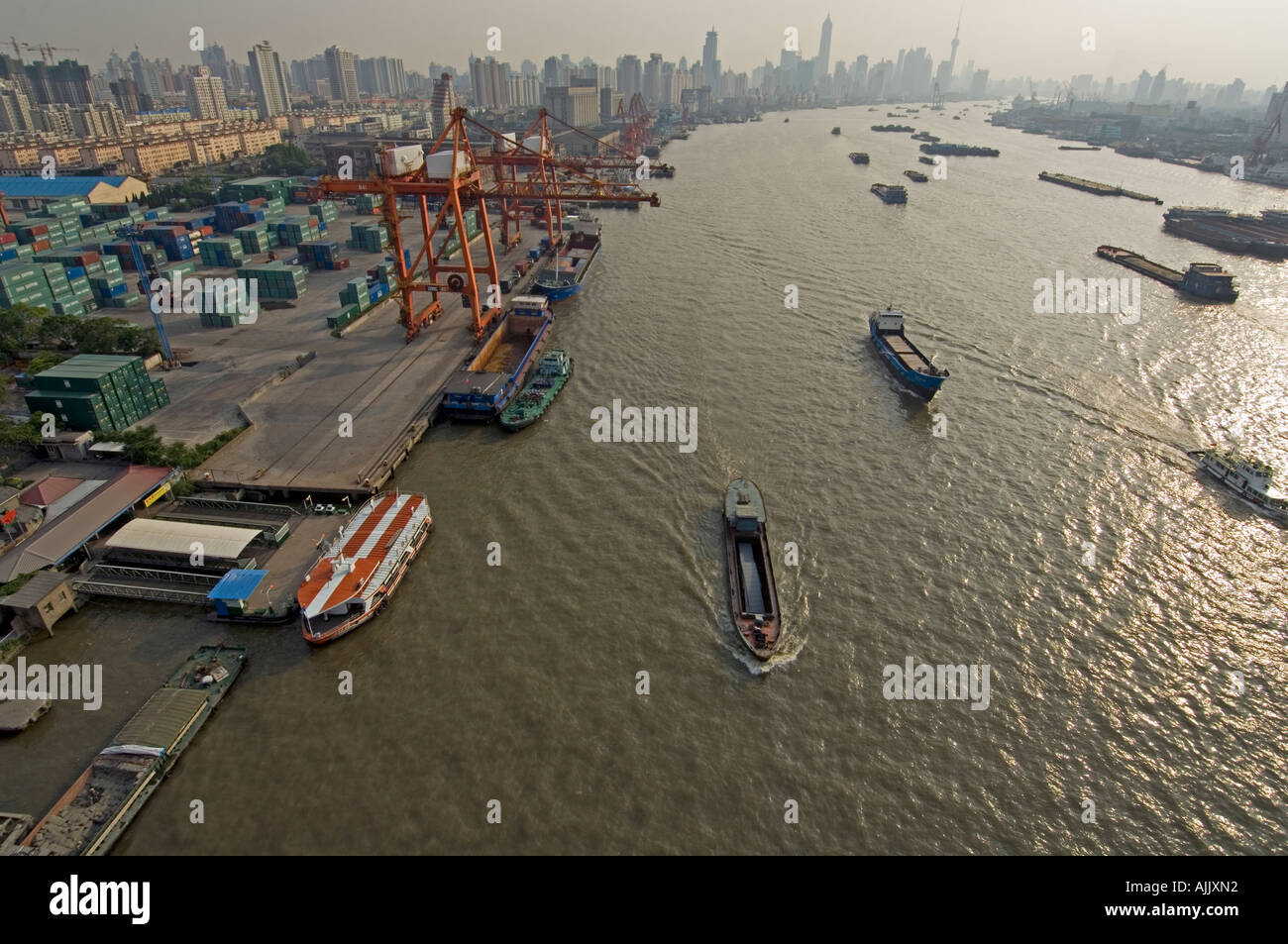 Ship Docked at Terminal Overhead view from Yangpu Bridge of cargo ship ...