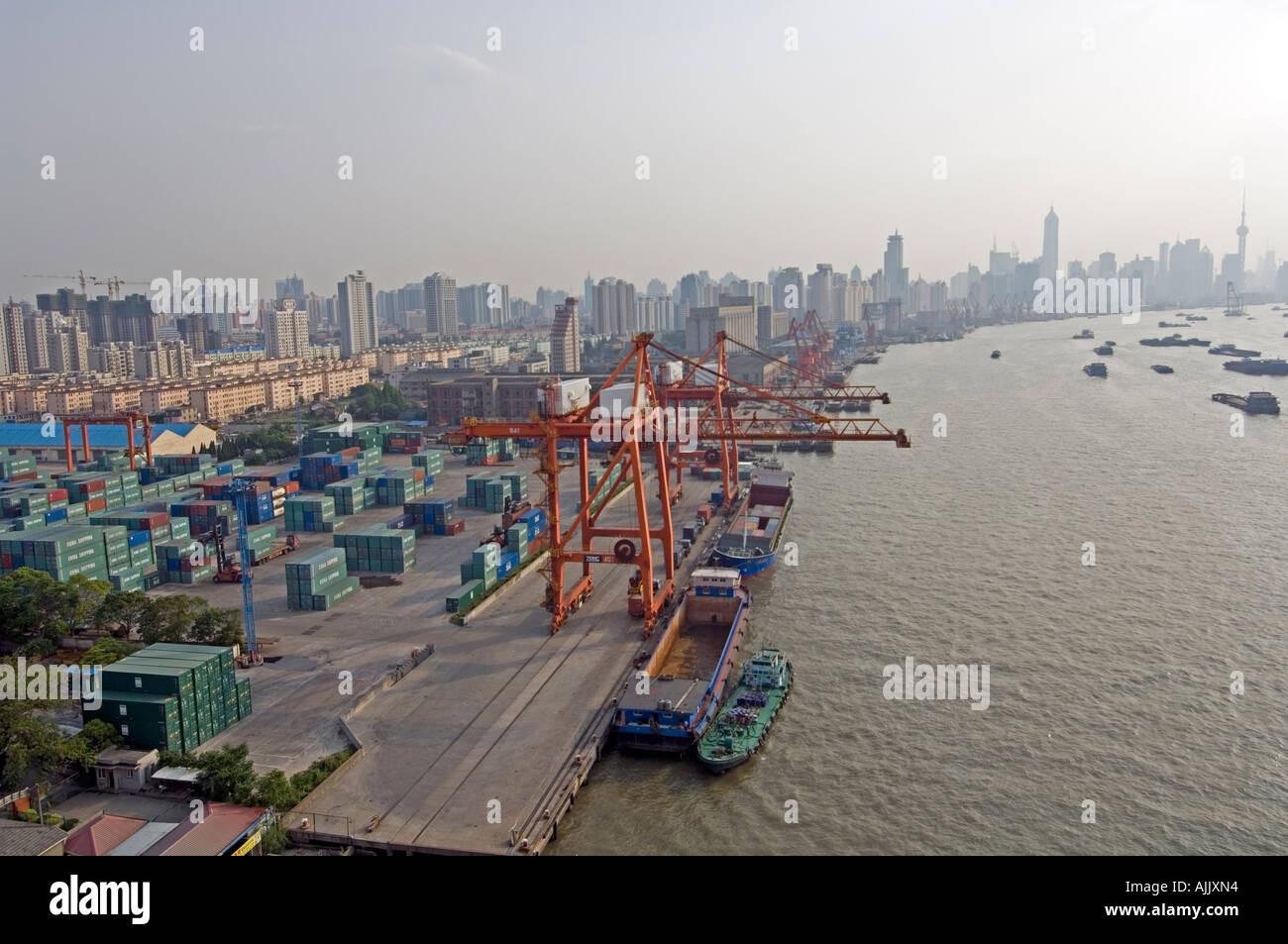 Ship Docked at Terminal Overhead view from Yangpu Bridge of cargo ship ...