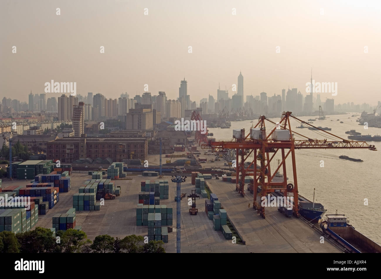 Ship Docked at Terminal Overhead view from Yangpu Bridge of cargo ship ...