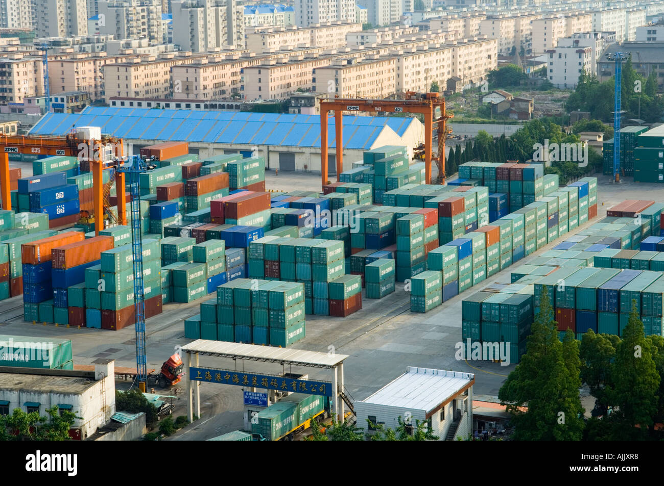 Ship Docked at Terminal Overhead view from Yangpu Bridge of cargo ship ...