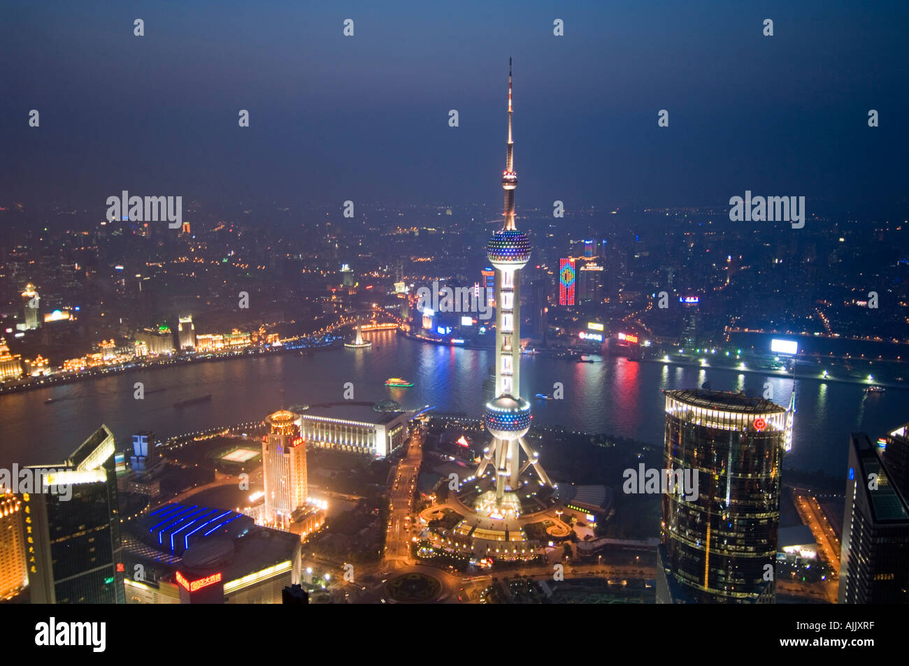 Pudong New Area and Puxi Area Skyline and Huangpu River at Night Stock ...