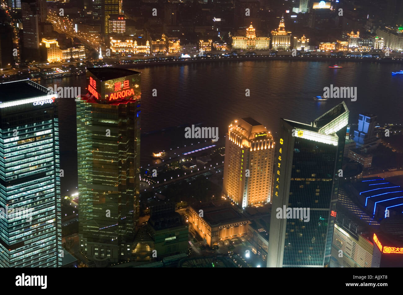Pudong New Area and Puxi Area Skyline and Huangpu River at Night Stock ...