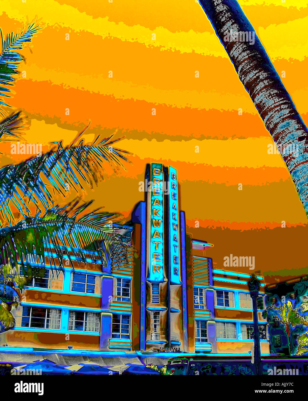 Breakwater hotel Miami Florida USA with bright psychedelic art color ...