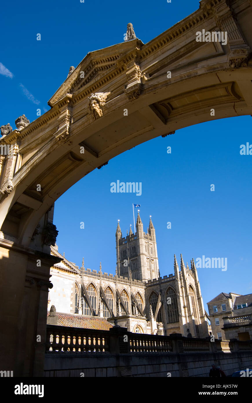 Bath BaNES UK Bath Abbey and Roman baths at the Pump Room Stock Photo ...