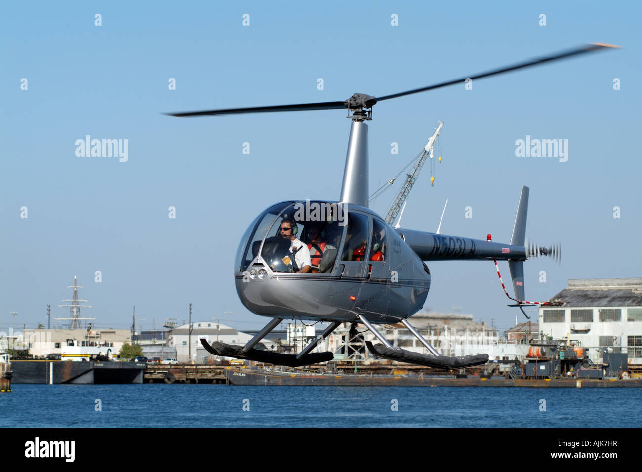 Tourists on Helicopter Trip Flight over Los Angeles Harbour California ...
