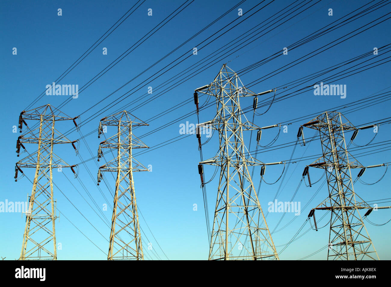 Pylon and Electric Supply Power Lines against a clear blue sky Southern ...