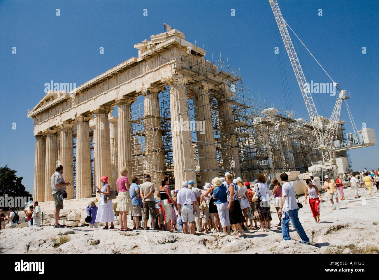 Tourists viewing major restoration works on the Parthenon summer 2007 The Acropolis Athens ...