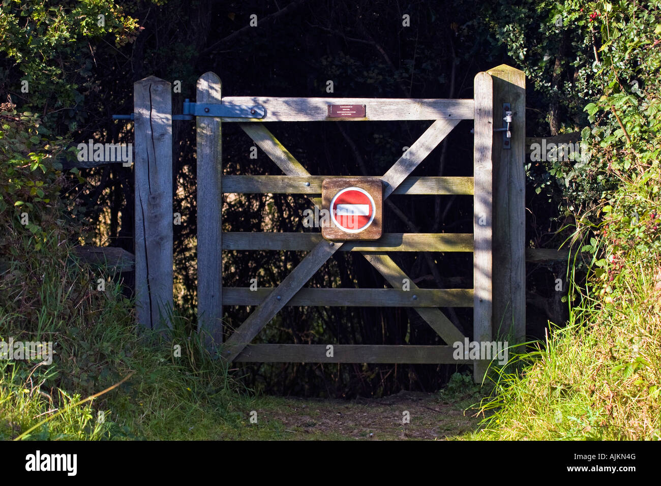 Countryside wooden gate on the southdowns with a no entry sign barring ...