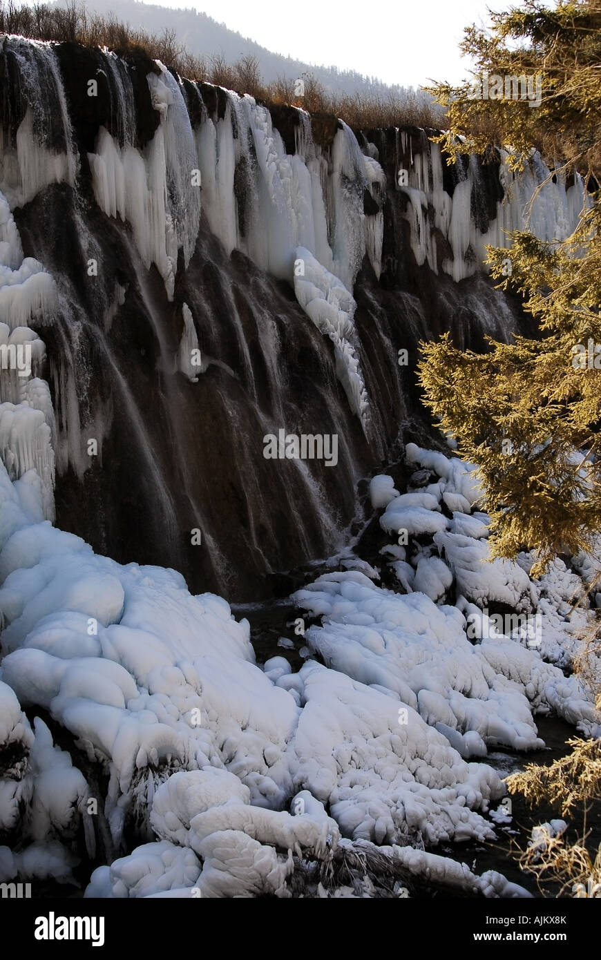Jiuzhaigou nature reserve Sichuan China with frozen waterfall Stock ...