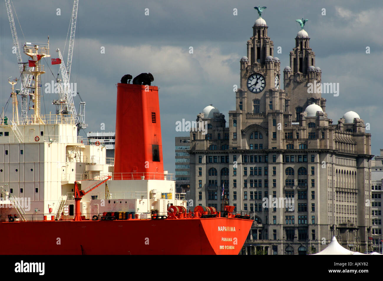 Ship Passing Liver Building River Mersey Liverpool England UK Stock ...