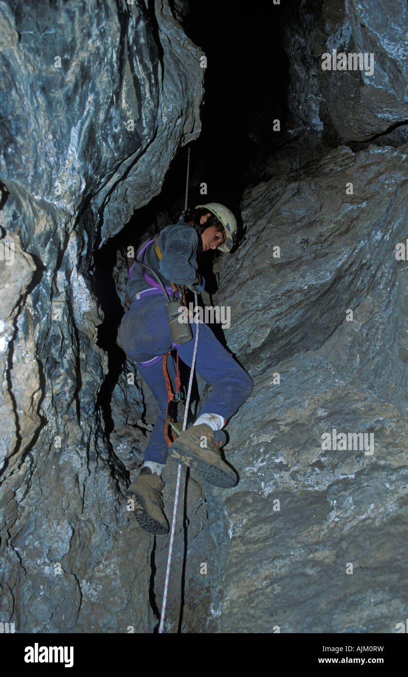 Female caver in Canadas del Teide National Park Tenerife Canary Islands ...