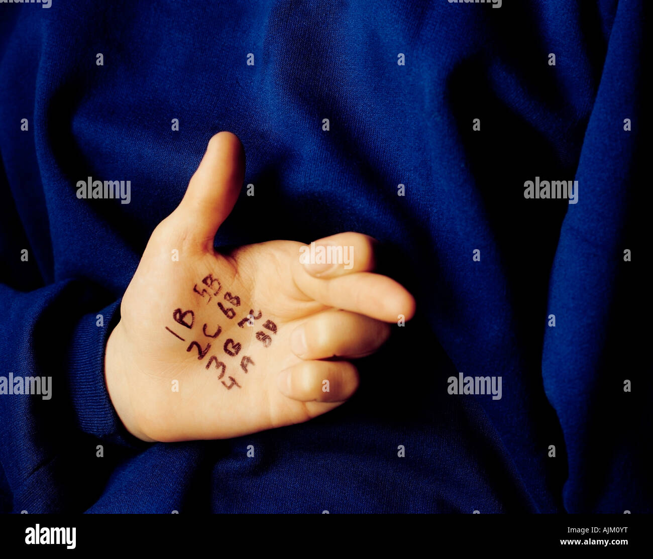 Student cheating with answers written on the palm of his hand Stock ...