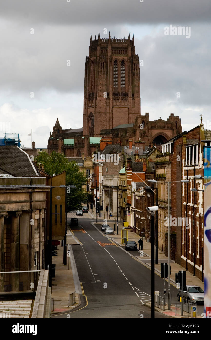 View of Liverpool Anglican cathedral towering over nearby buildings ...