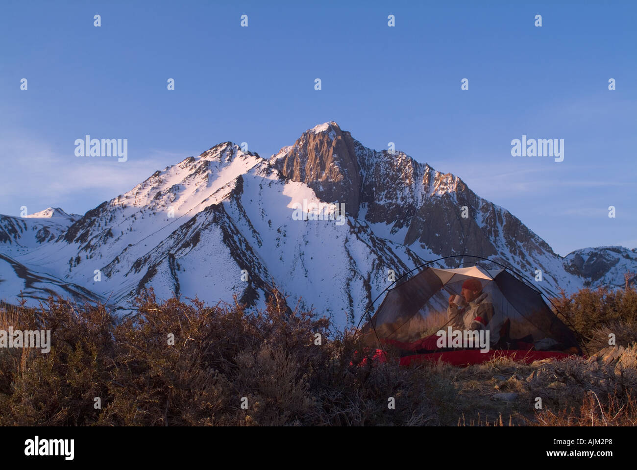 A man sitting in a tent while backpacking near Mount Morrison CA Stock ...