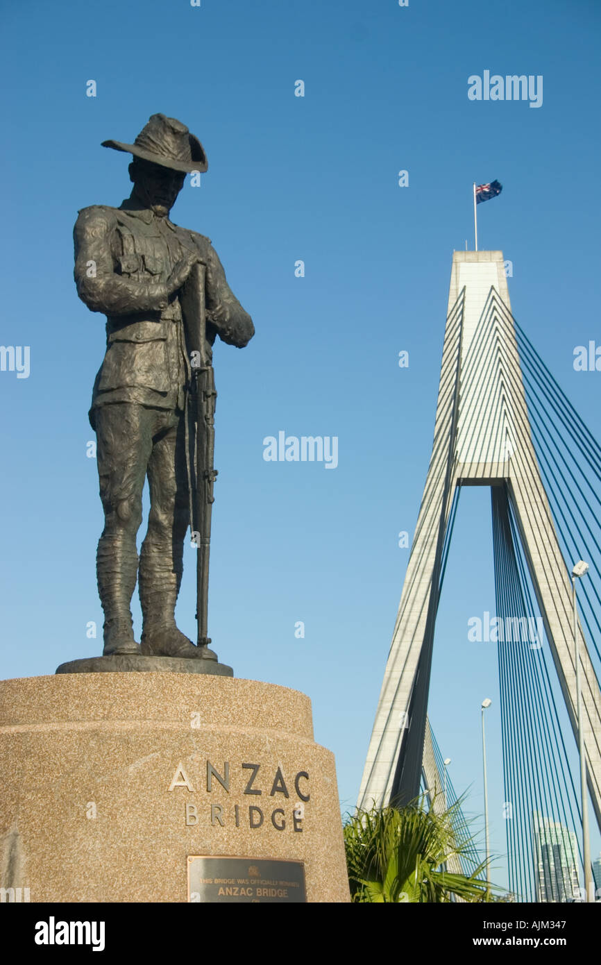 Statue of an ANZAC soldier at the western end of the Anzac Bridge in ...