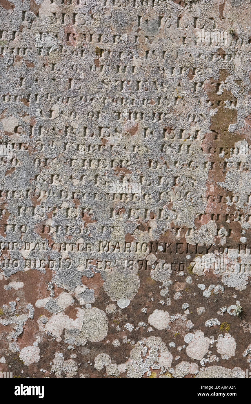 Lichen covered headstone in old churchyard Kirkmaiden church Monreith ...