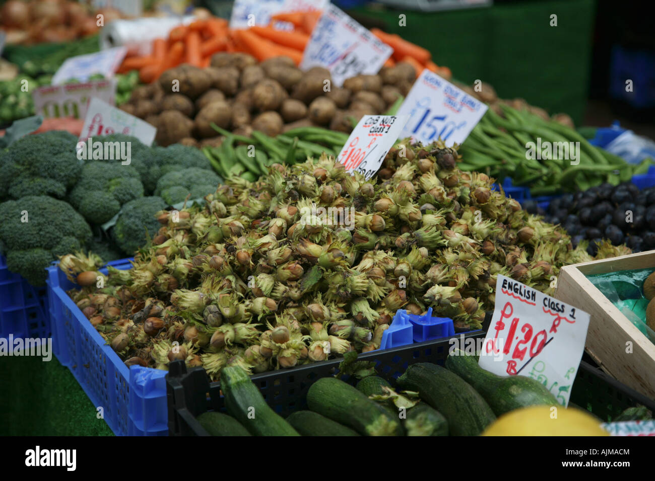 Hazelnut display at Abergavenny farmers market, Wales Stock Photo - Alamy