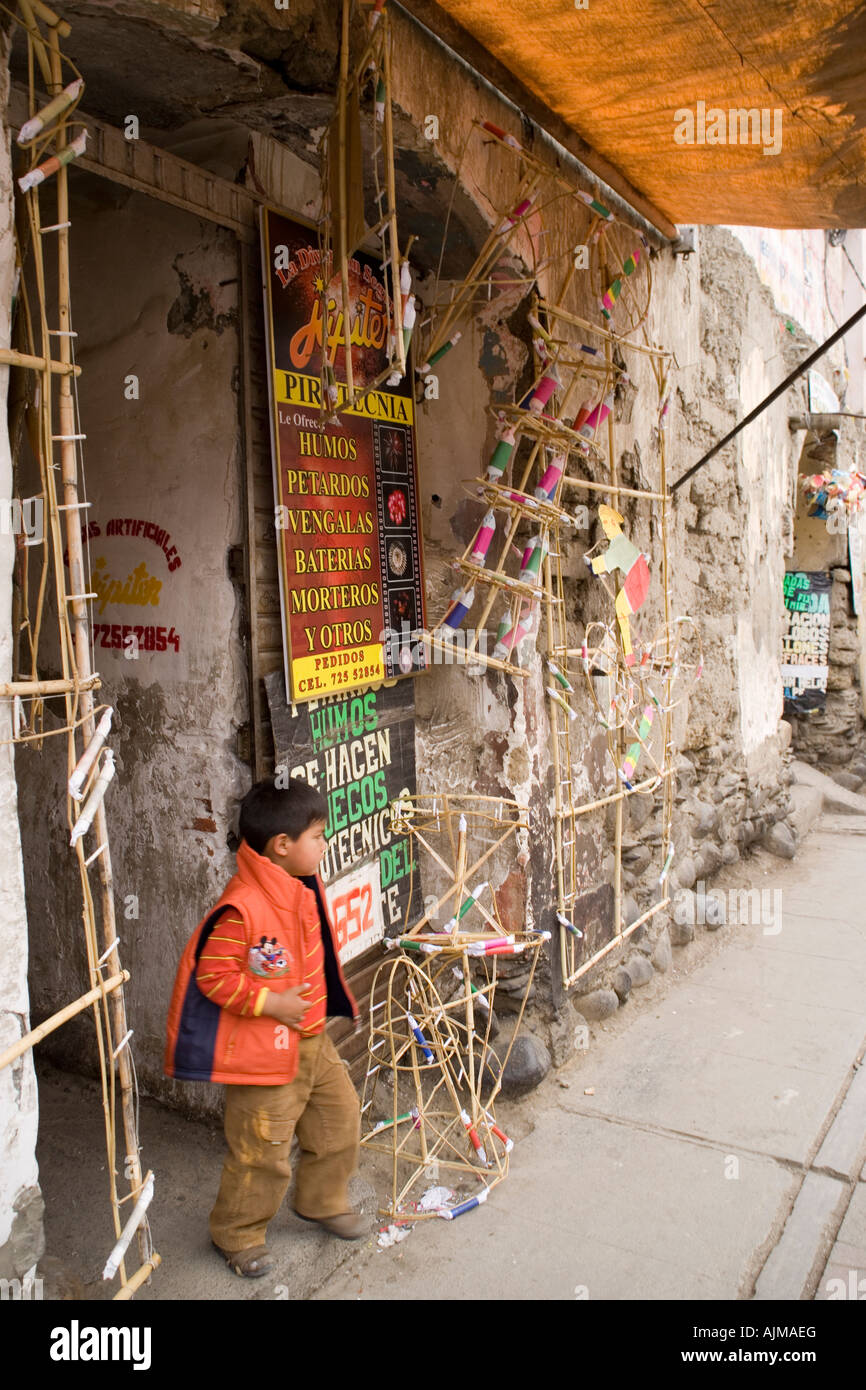 Fireworks on sale in the street in central La Paz, Bolivia Stock Photo ...