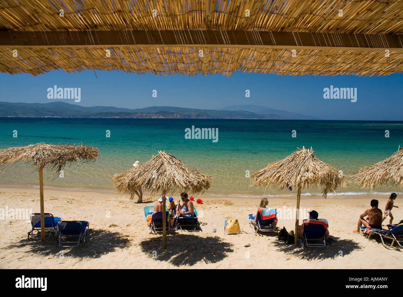 View from beach bar taverna Mandraki Beach north coast Skiathos the ...