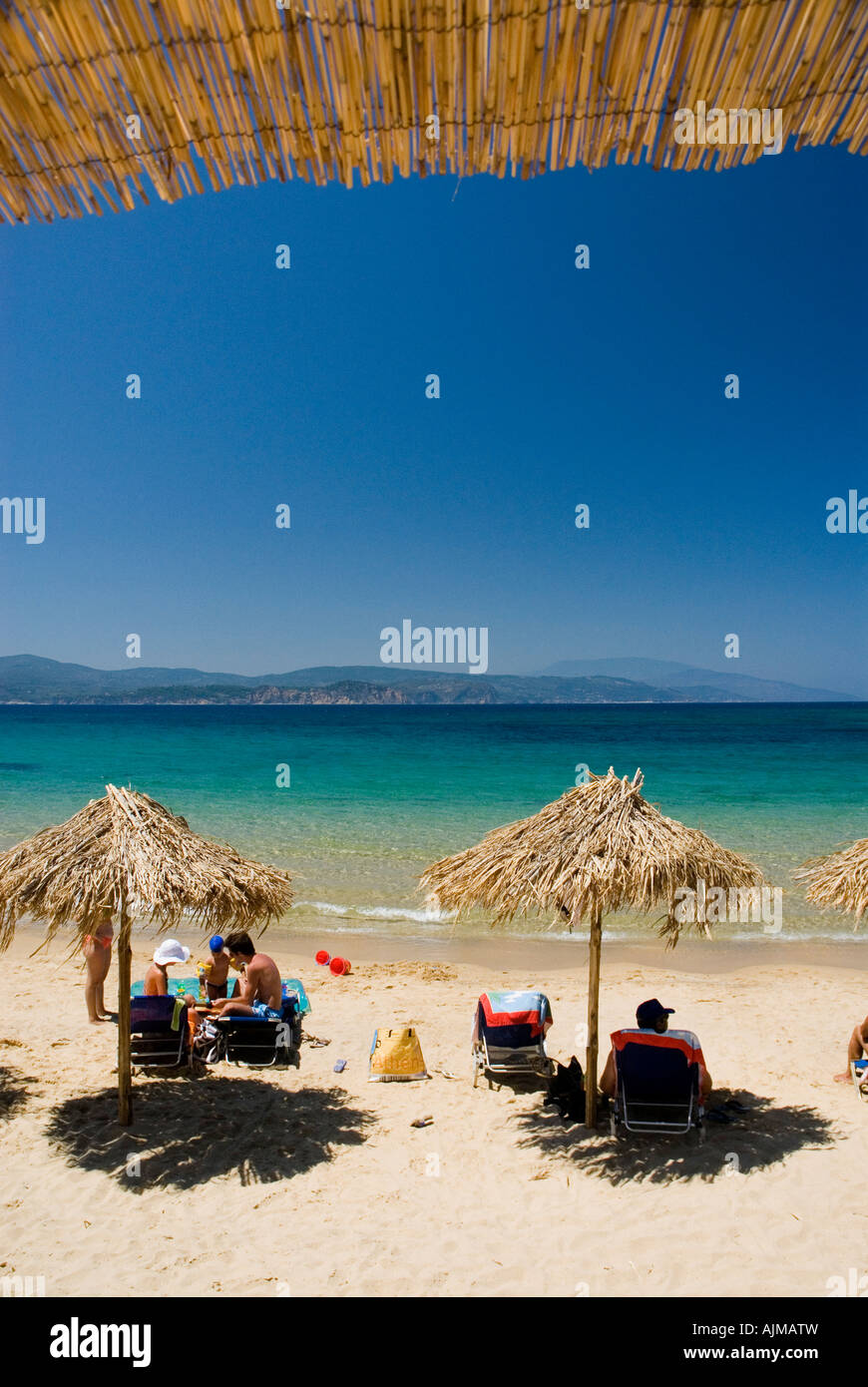 View from beach bar taverna Mandraki Beach north coast Skiathos the ...