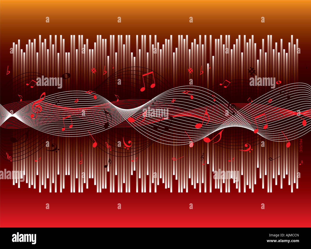 Musical background with graphical readout on a hot orange and red ...