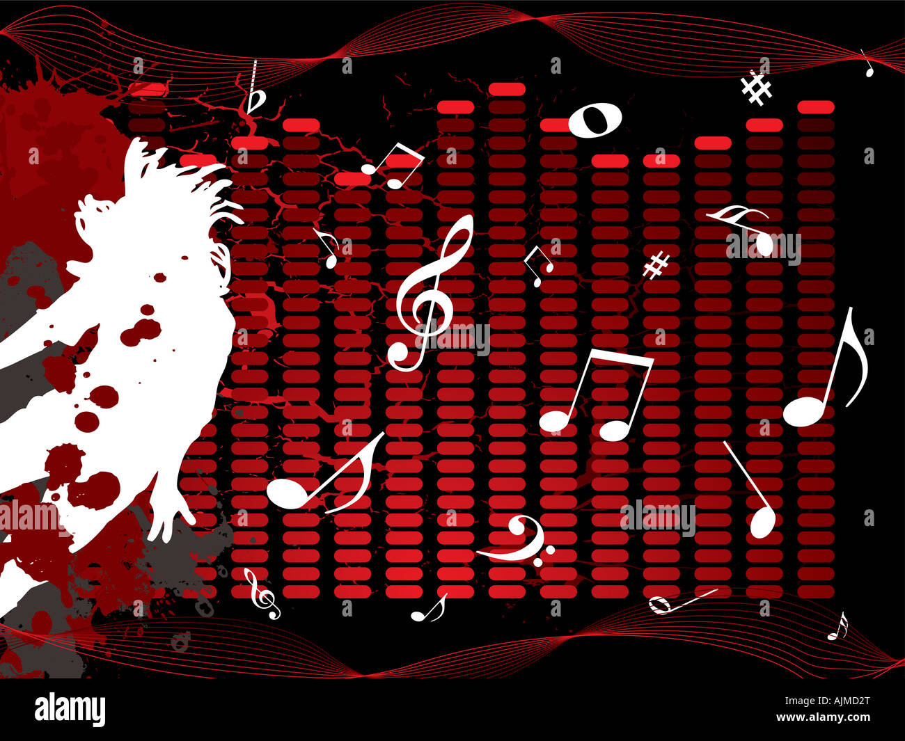Musical illustration with notes and a man jumping on a black background ...