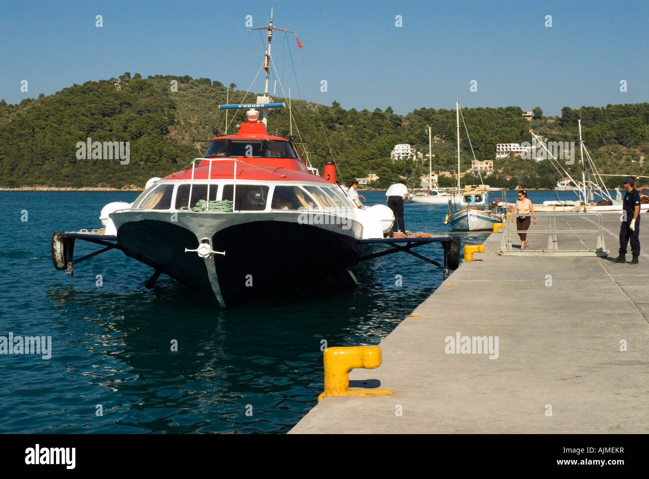 Flying Dolphin hydrofoil inter island ferry Skiathos harbour Skiathos Island Sporades Aegean Sea ...