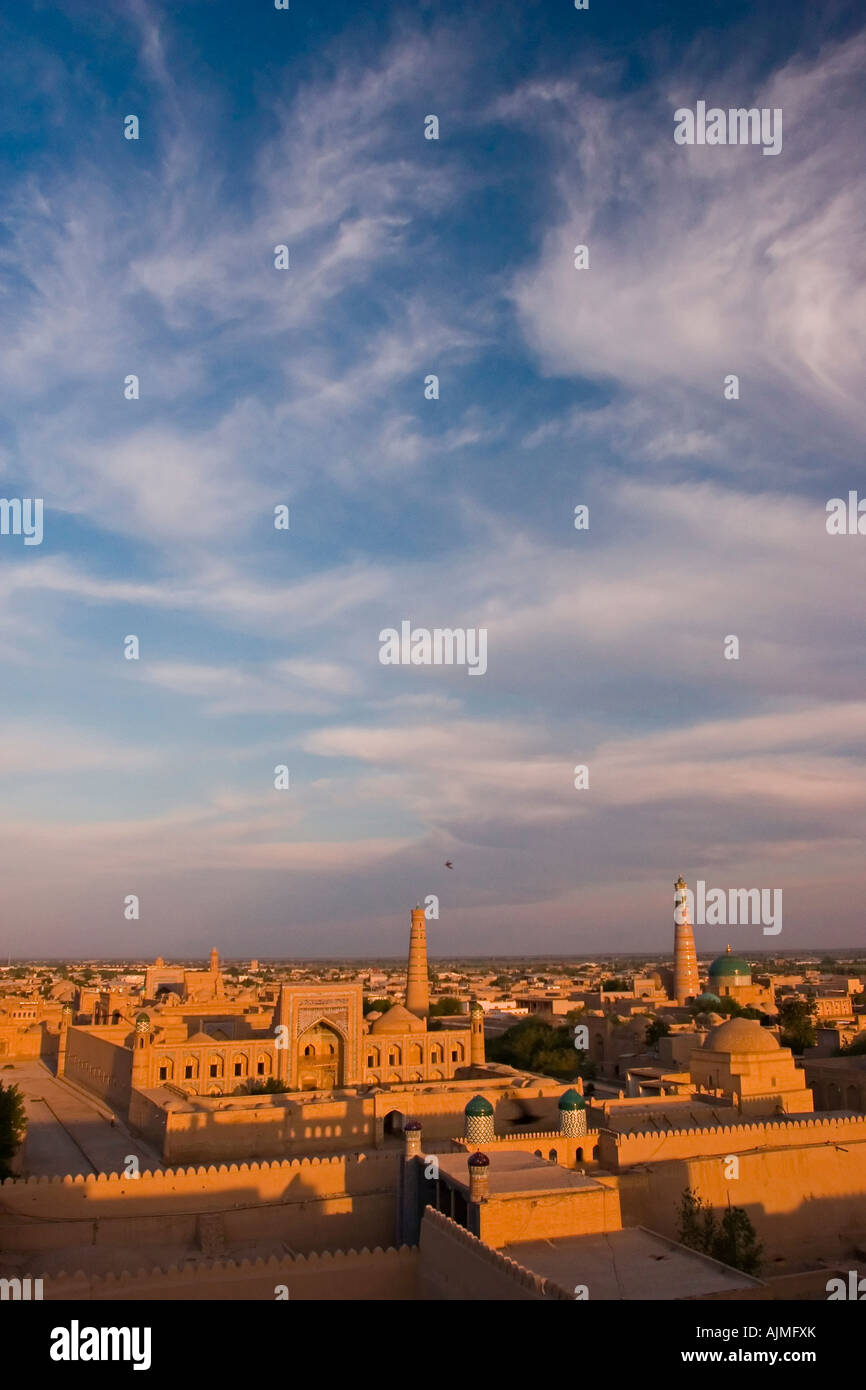 Panorama of the mud brick city of Khiva at sunset Khiva Uzbekistan ...
