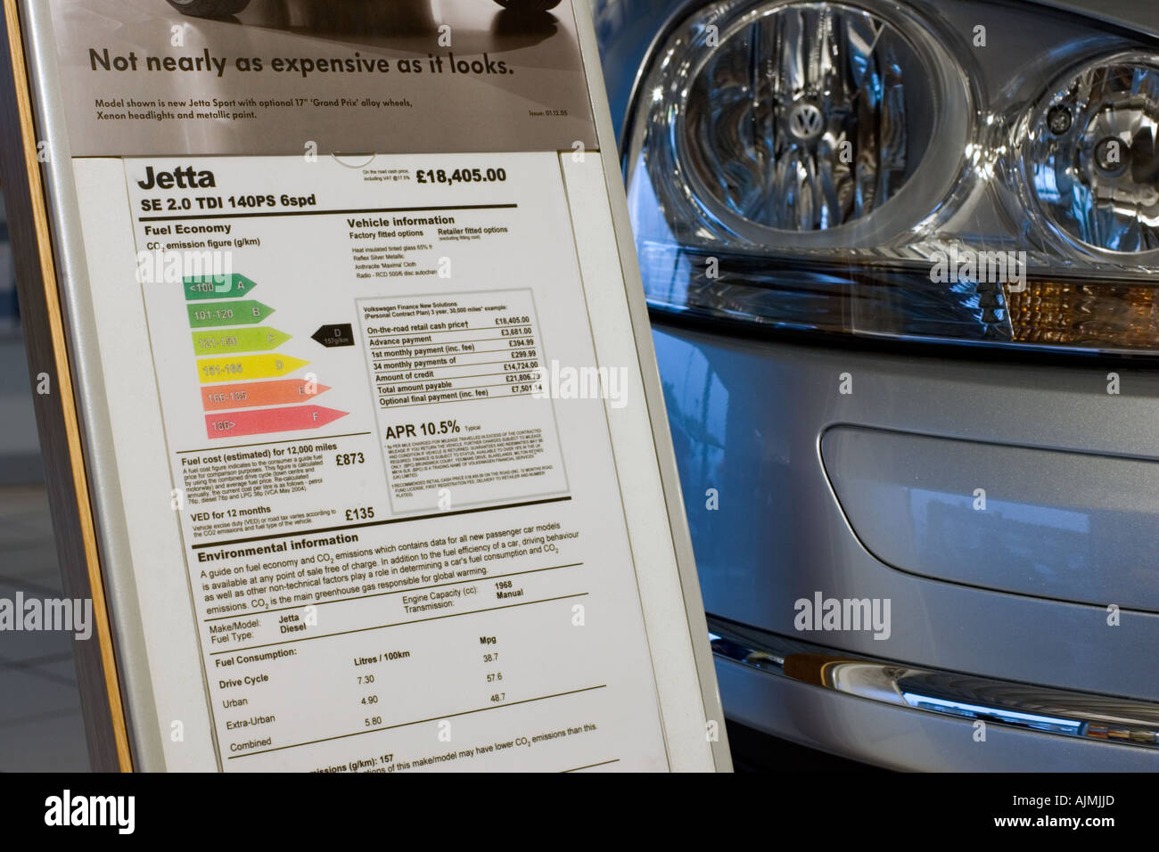 Fuel efficiency rating chart on display by new VW Jetta car at point of ...