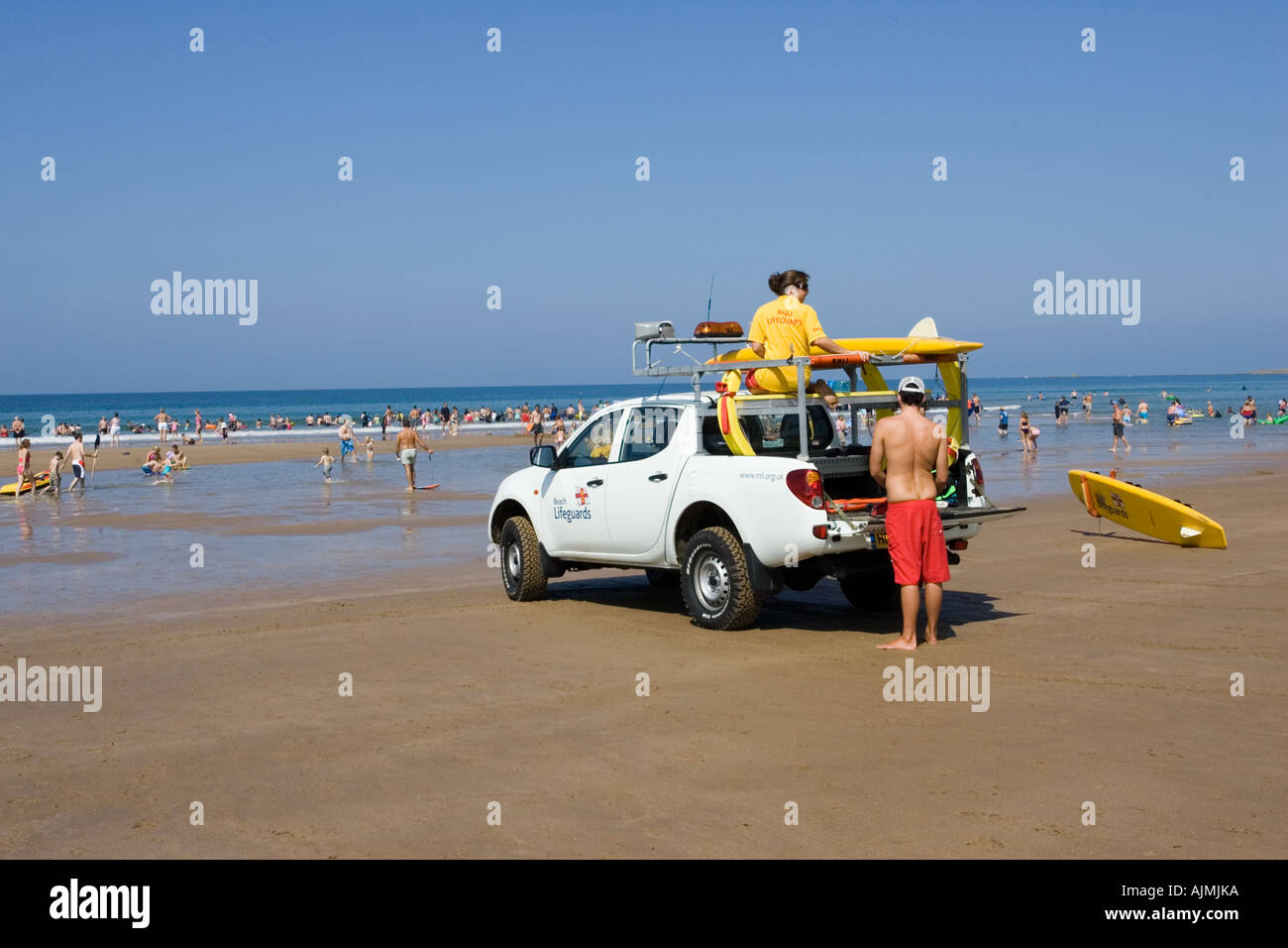 RNLI Beach Lifeguards Rescue vehicle on crowded beach in August ...