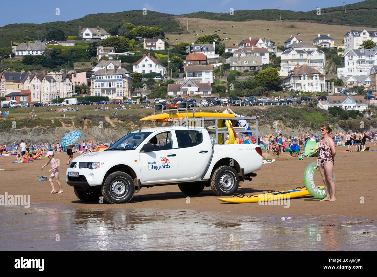 RNLI Beach Lifeguards Rescue vehicles on crowded beach in August ...