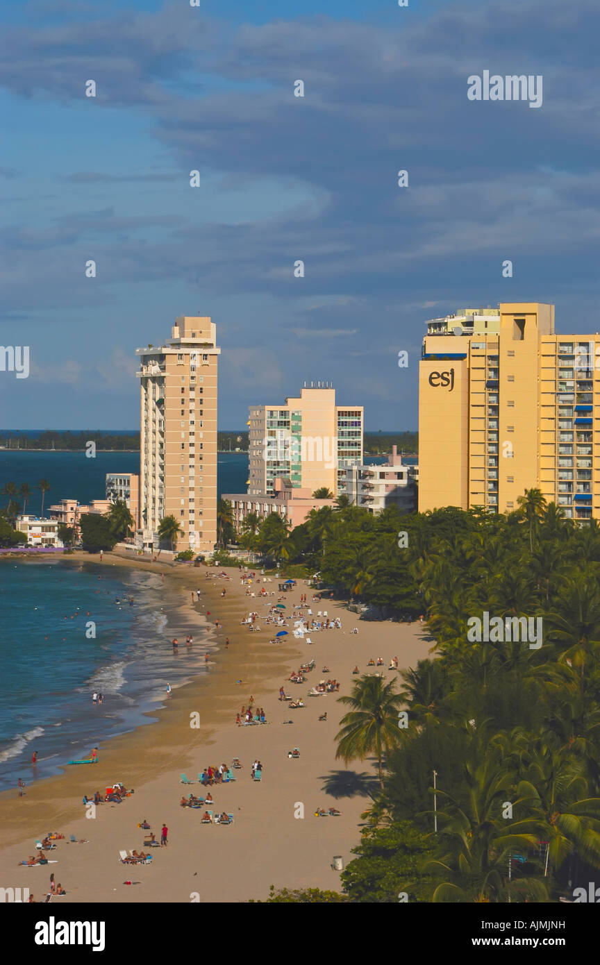 aerial San Juan Puerto Rico Isla Verde beach with sunbathers, blue sky ...