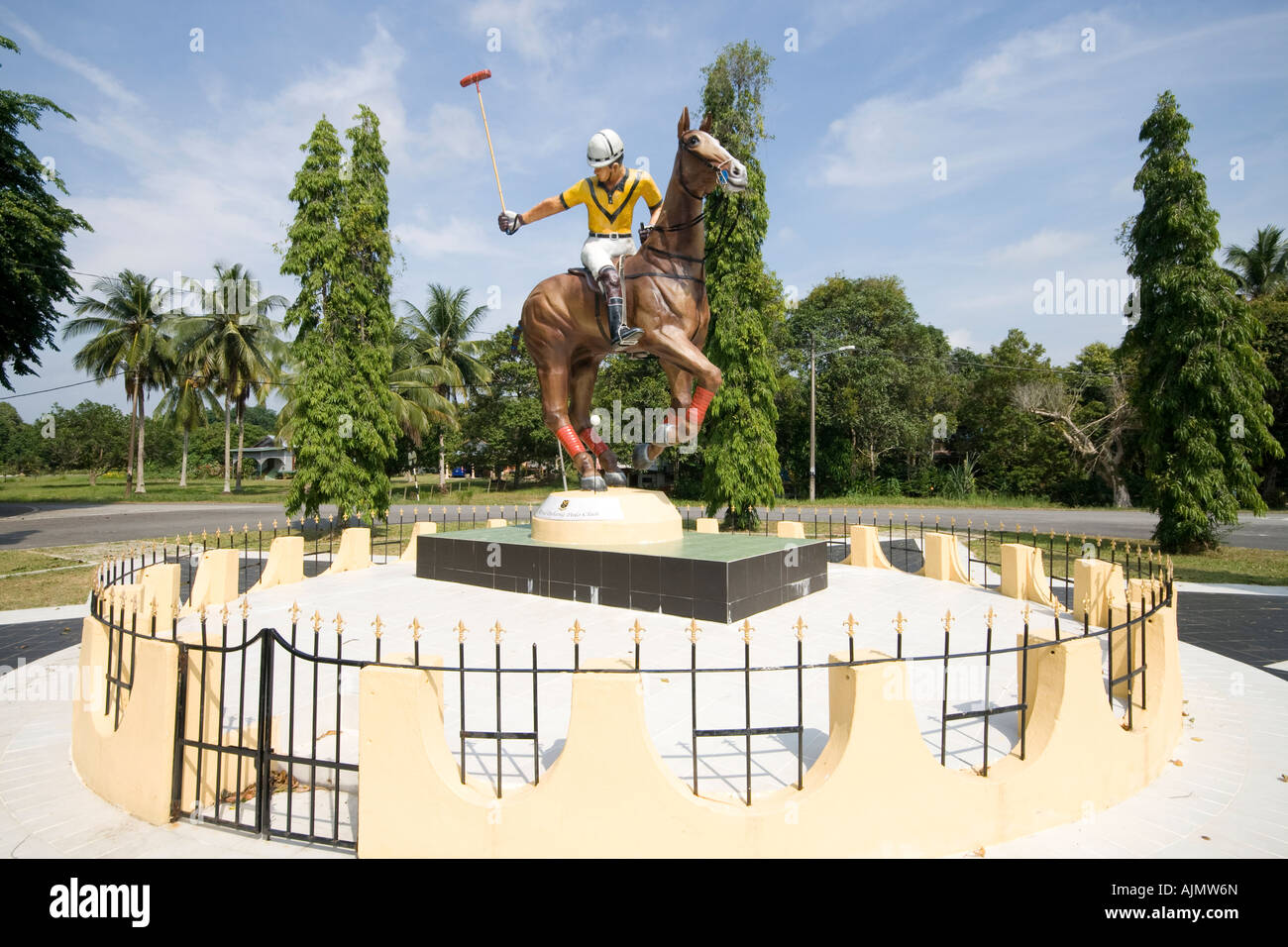 Statue of a horse and rider outside the Royal Pahang Polo Club at Pekan ...