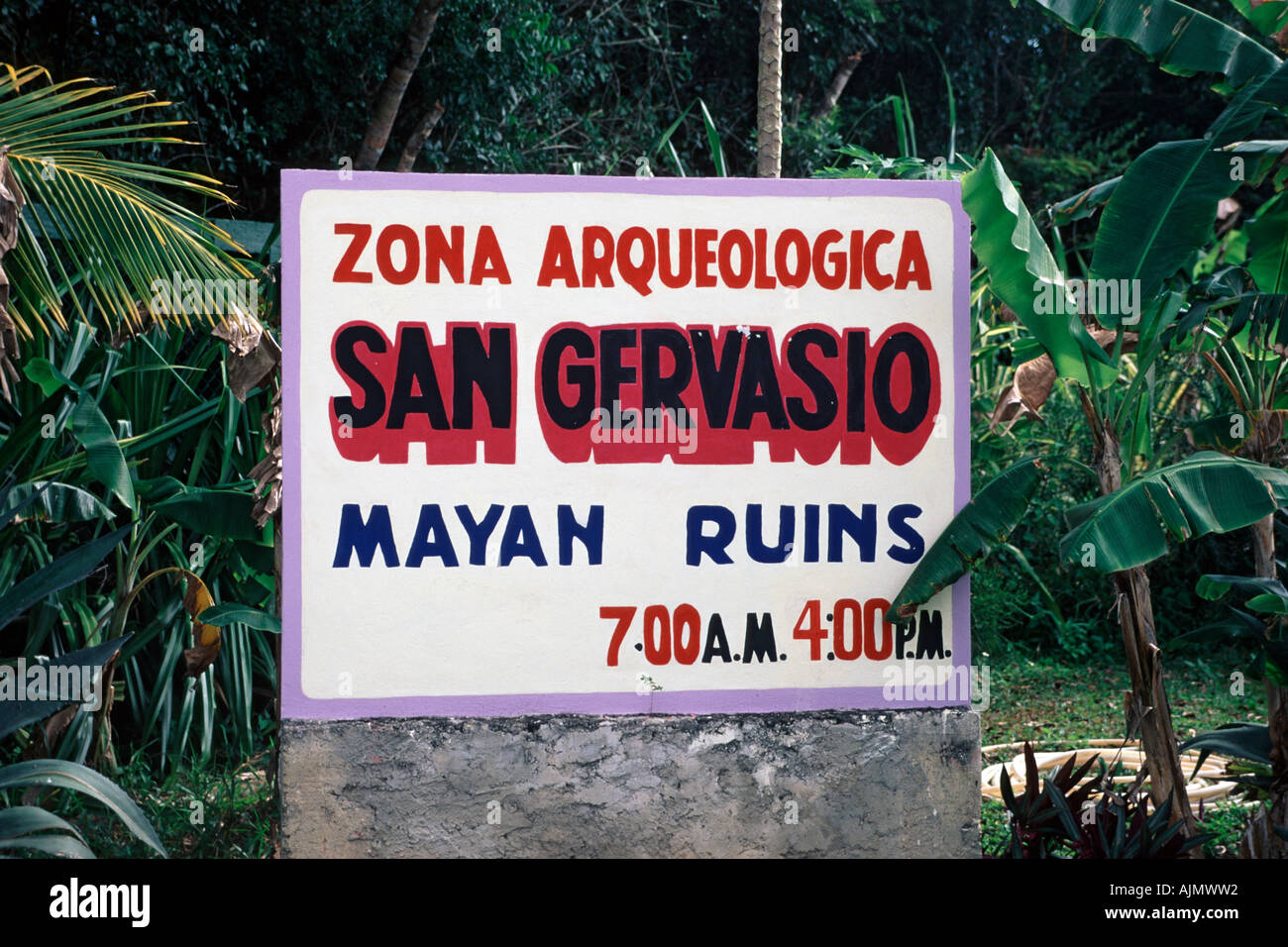 Sign for the San Gervasio archaeological Mayan ruins site on the island ...