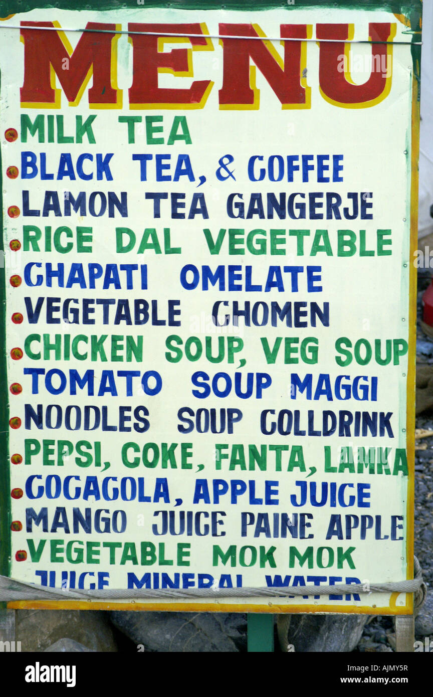 Menu in Pang restaurant en route from Manali to Leh, Ladakh, India ...